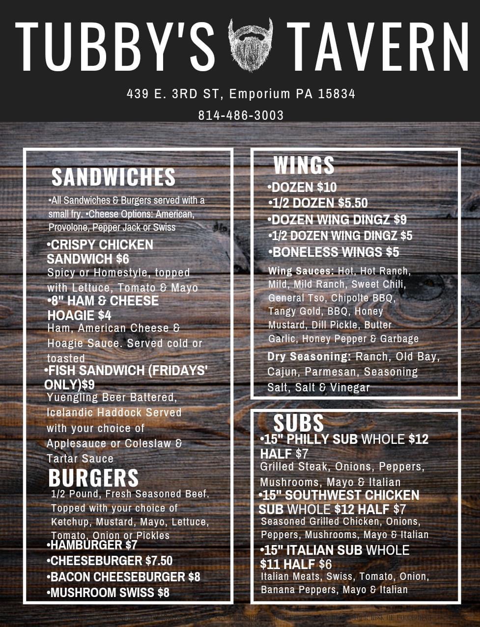 Tubbys Tavern menu 2 | Visit PA Great Outdoors