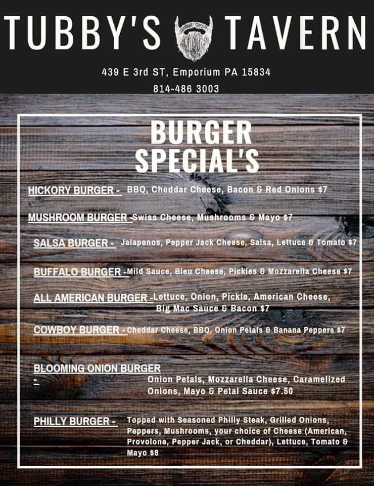 Tubbys Tavern menu burgers | Visit PA Great Outdoors